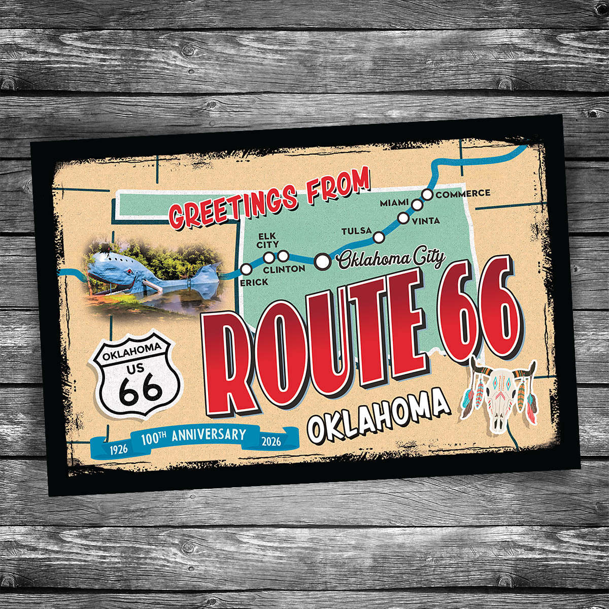 Greetings from Route 66 Oklahoma Map Postcard - 100th Anniversary ...