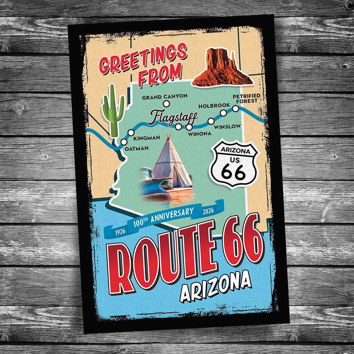 Greetings from Route 66 Arizona Map Postcard - 100th Anniversary ...