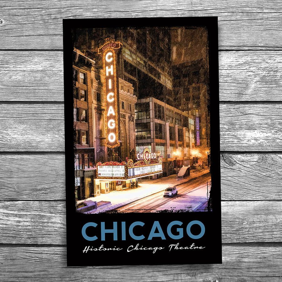 Snowy Chicago Theatre Postcard – Christopher Arndt Postcard Co